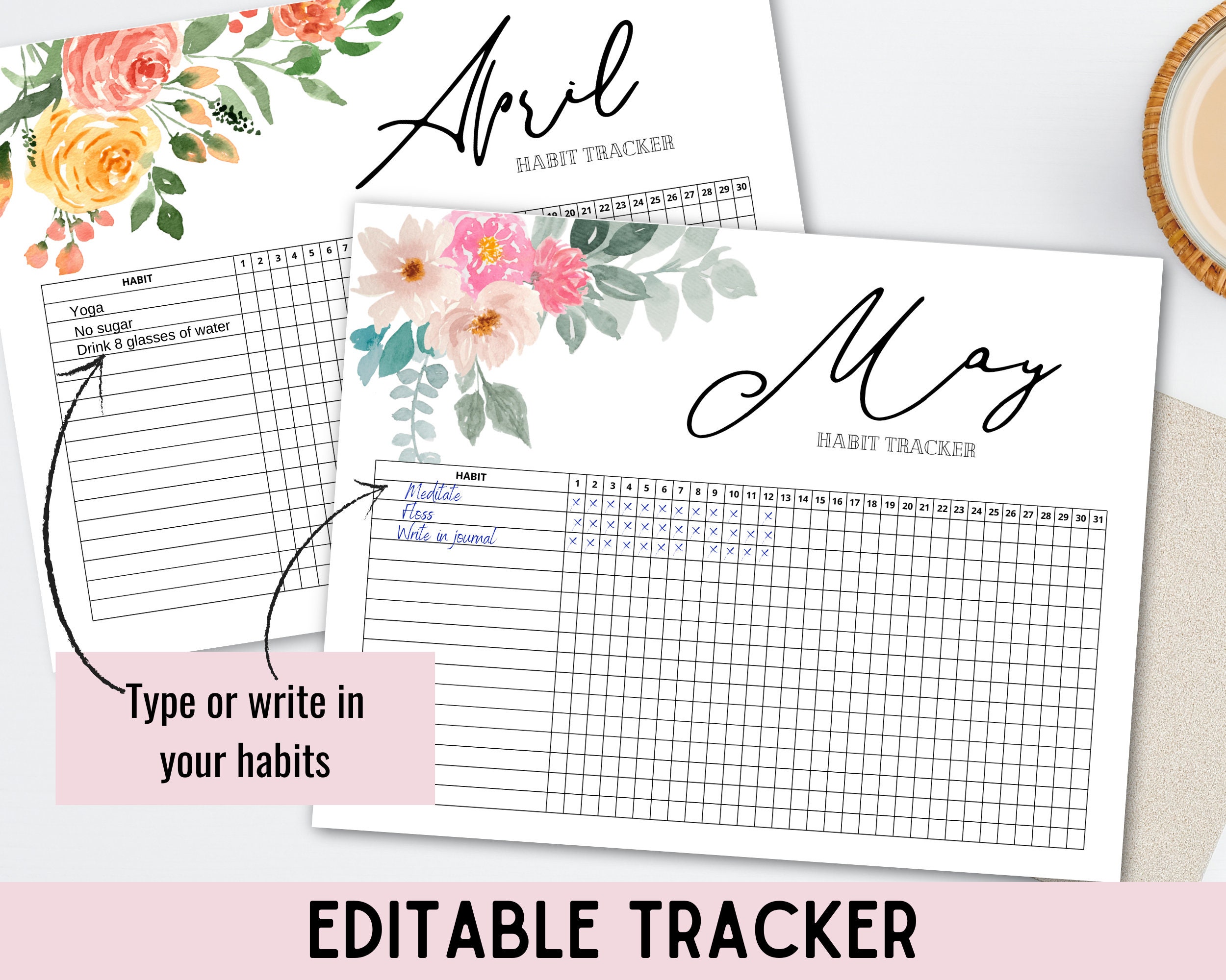 Floral Habit Tracker, Printable Habit Tracker, Daily Goal Planner ...