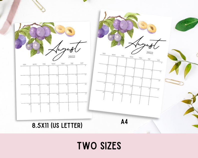 2022 Calendar Printable, Watercolor Fruit Calendar 2022 2023, Floral ...