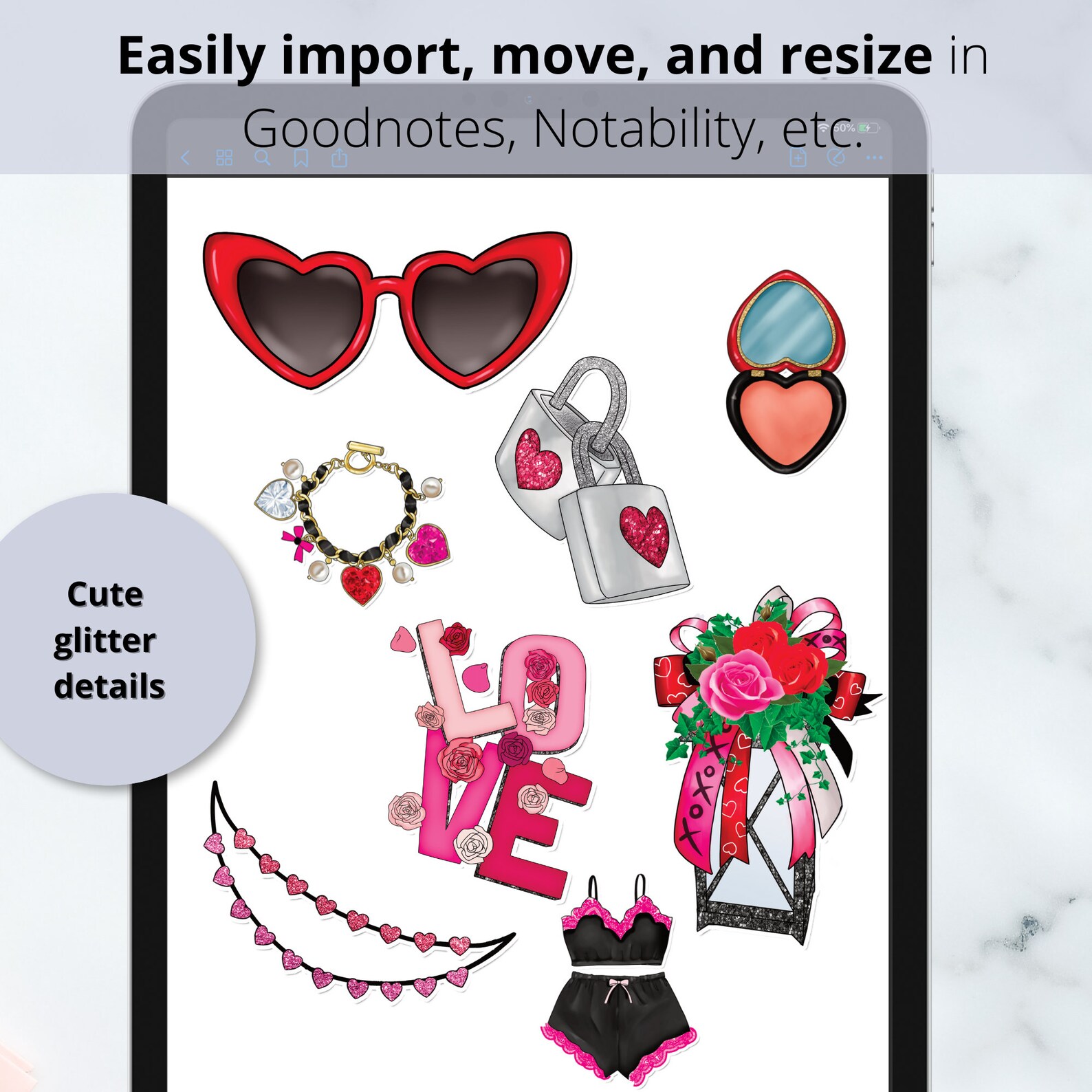 Glam Valentine's Day Digital Planner Stickers, Glitter Pink Digital ...