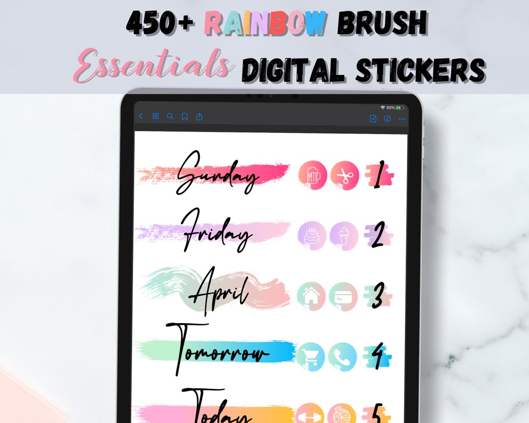 Essential Digital Planner Stickers Weekdays, Months, Numbers, Rainbow ...