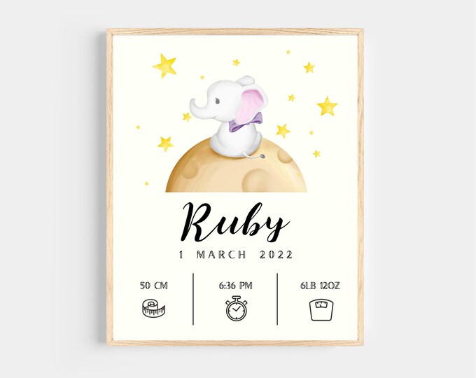 Elephant Nursery Decor Baby Birth Stats Wall Art Birth Details Birth ...