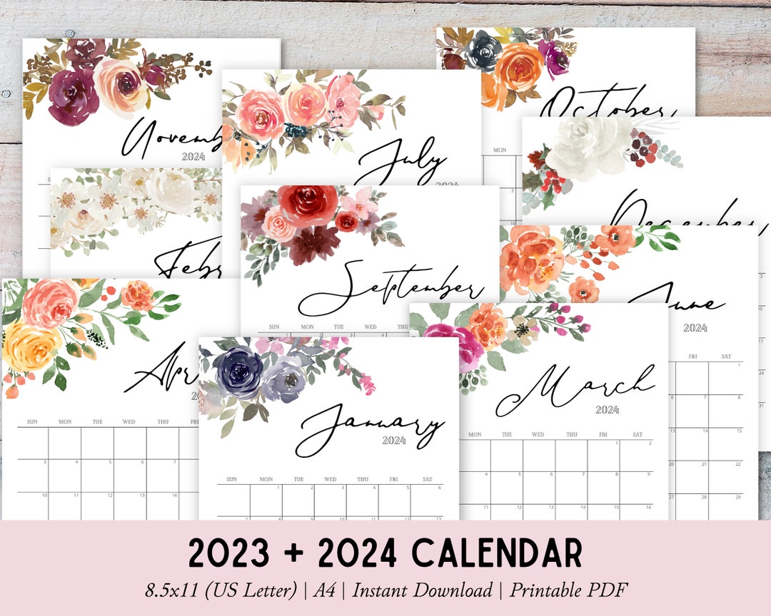 2023 Calendar Printable, Watercolor Floral Calendar 2023 2024, 2 Year ...