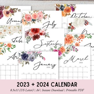 2023 Calendar Printable, Watercolor Floral Calendar 2023 2024, 2 Year ...