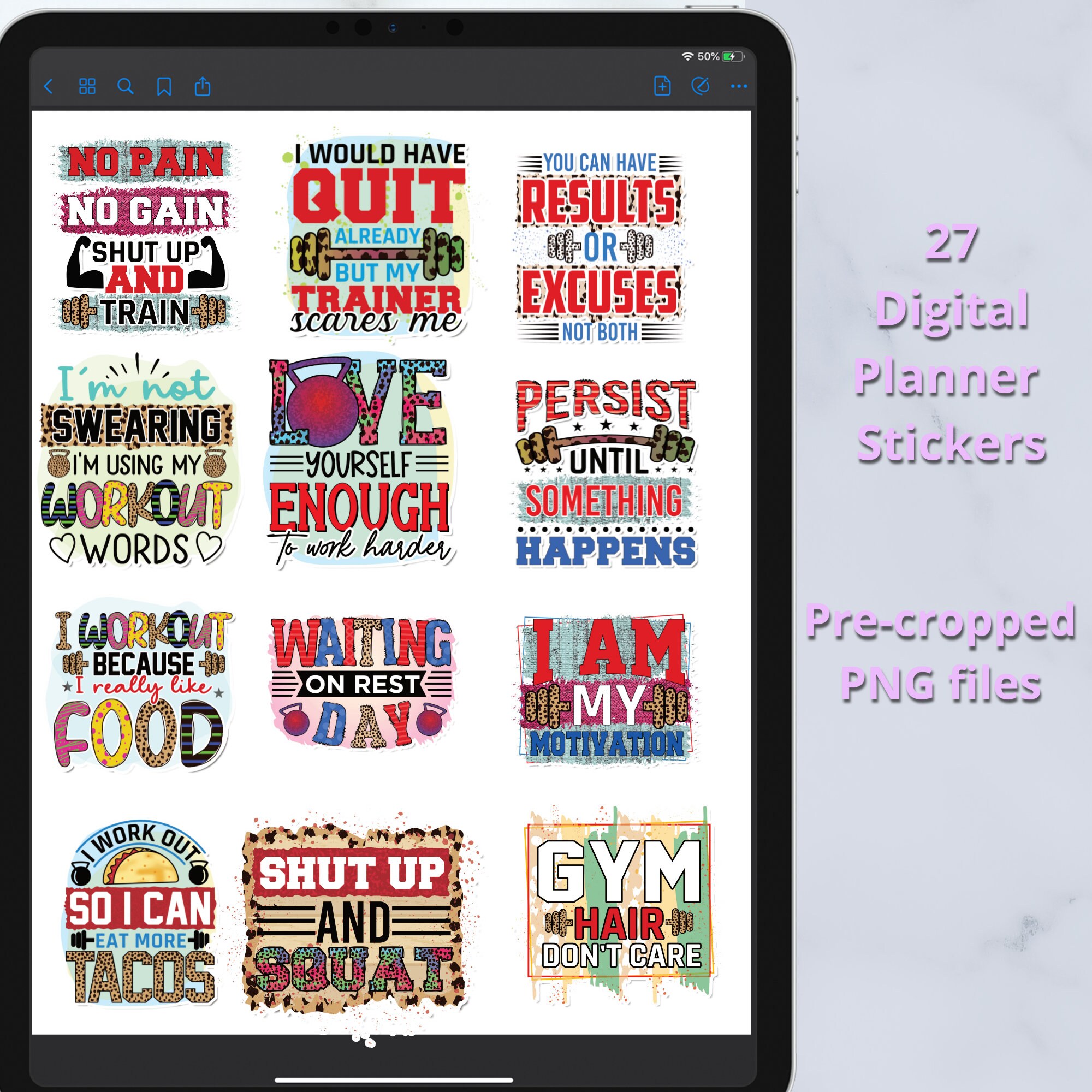 Fitness Motivational Digital Stickers, Workout Digital Planner Stickers ...