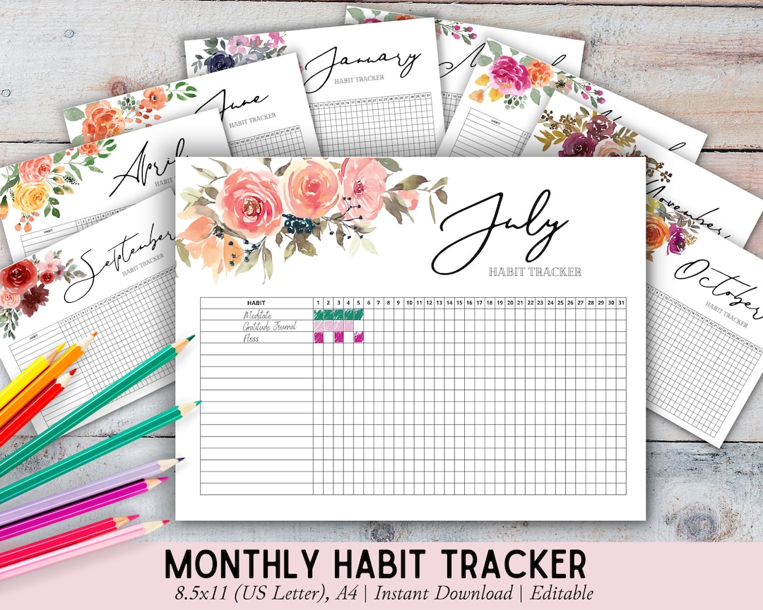 Floral Habit Tracker, Printable Habit Tracker, Daily Goal Planner ...