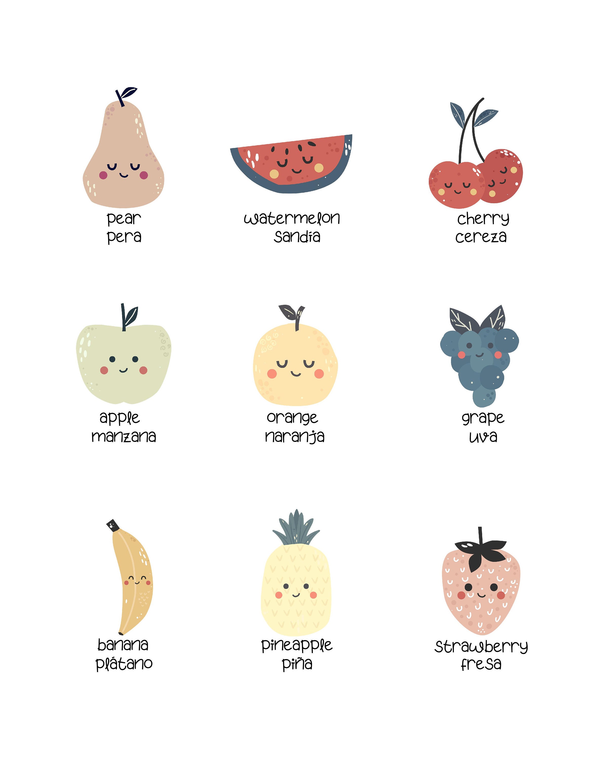 English Spanish Fruit Print | Printable Nursery Art | Bilingual ...