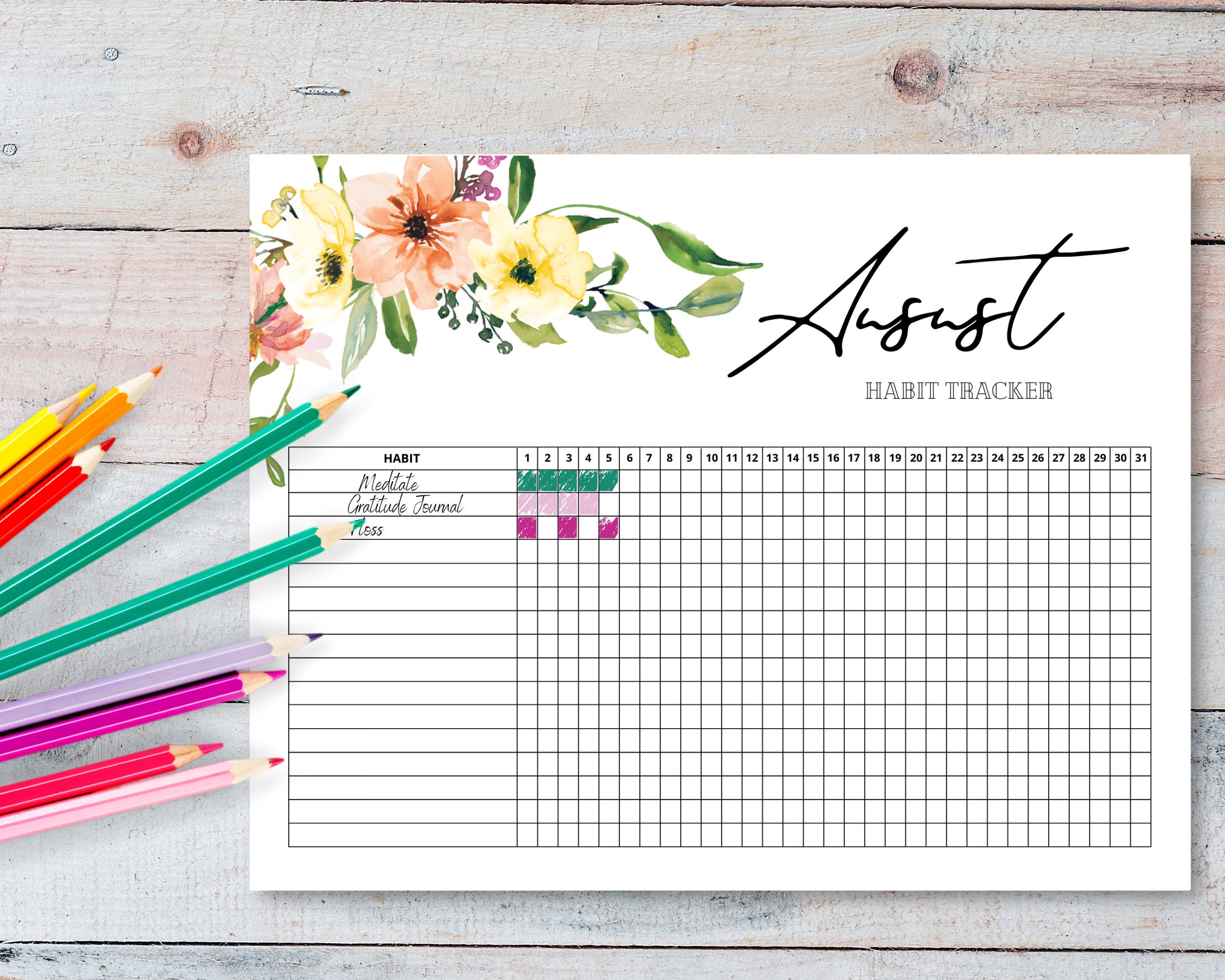Floral Habit Tracker, Printable Habit Tracker, Daily Goal Planner ...