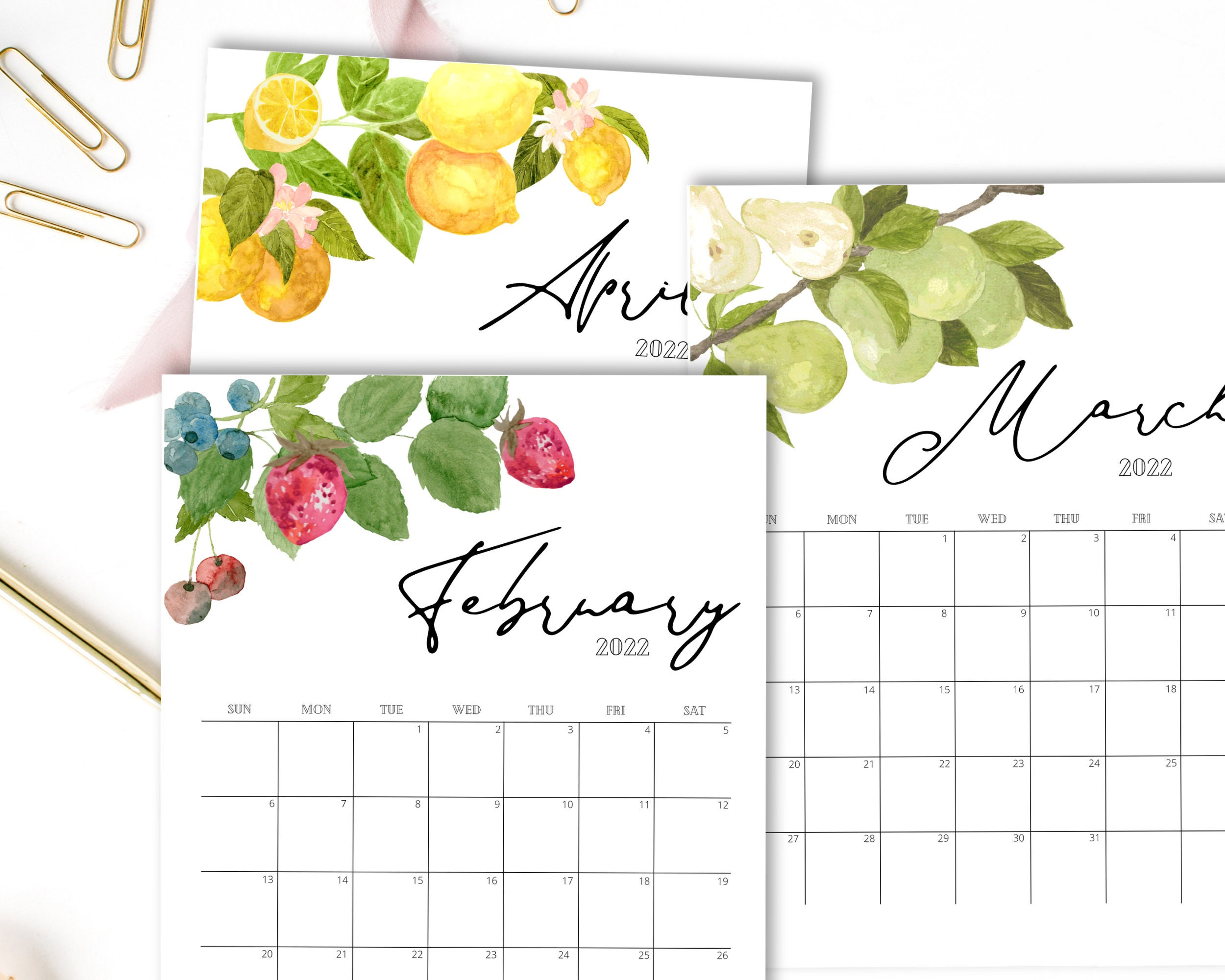 2022 Calendar Printable, Watercolor Fruit Calendar 2022 2023, Floral ...