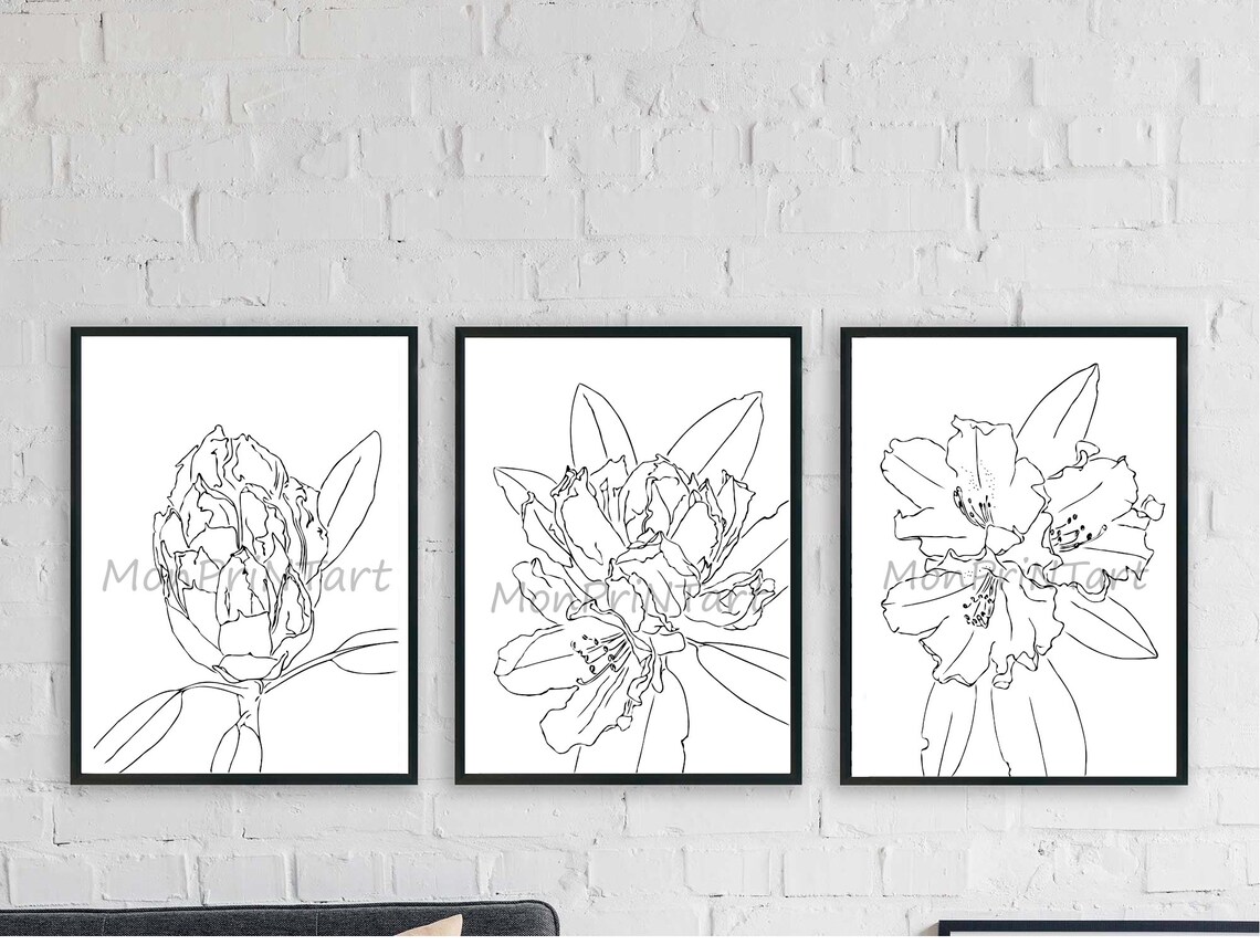 Rhododendron Art/botanical Line Art/black and White Wall Decor/hand ...