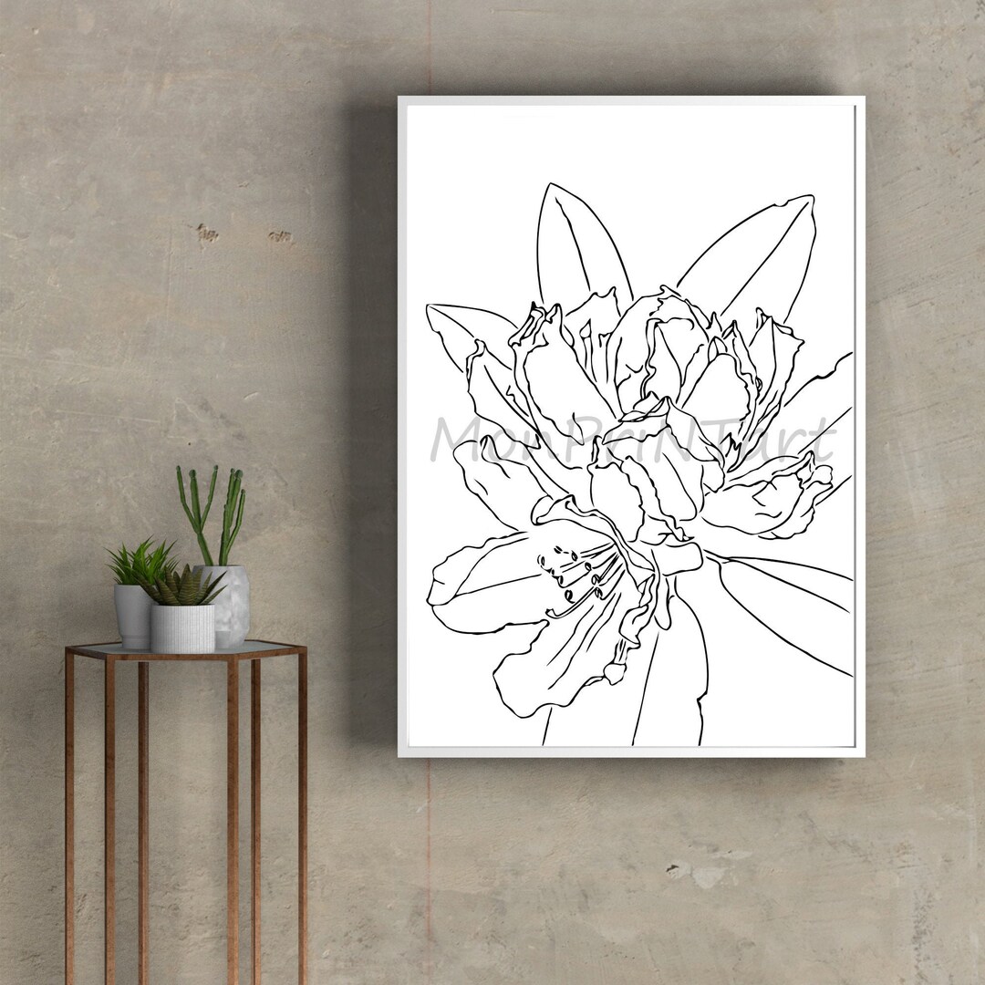 Rhododendron Art/botanical Line Art/black and White Wall Decor/hand ...