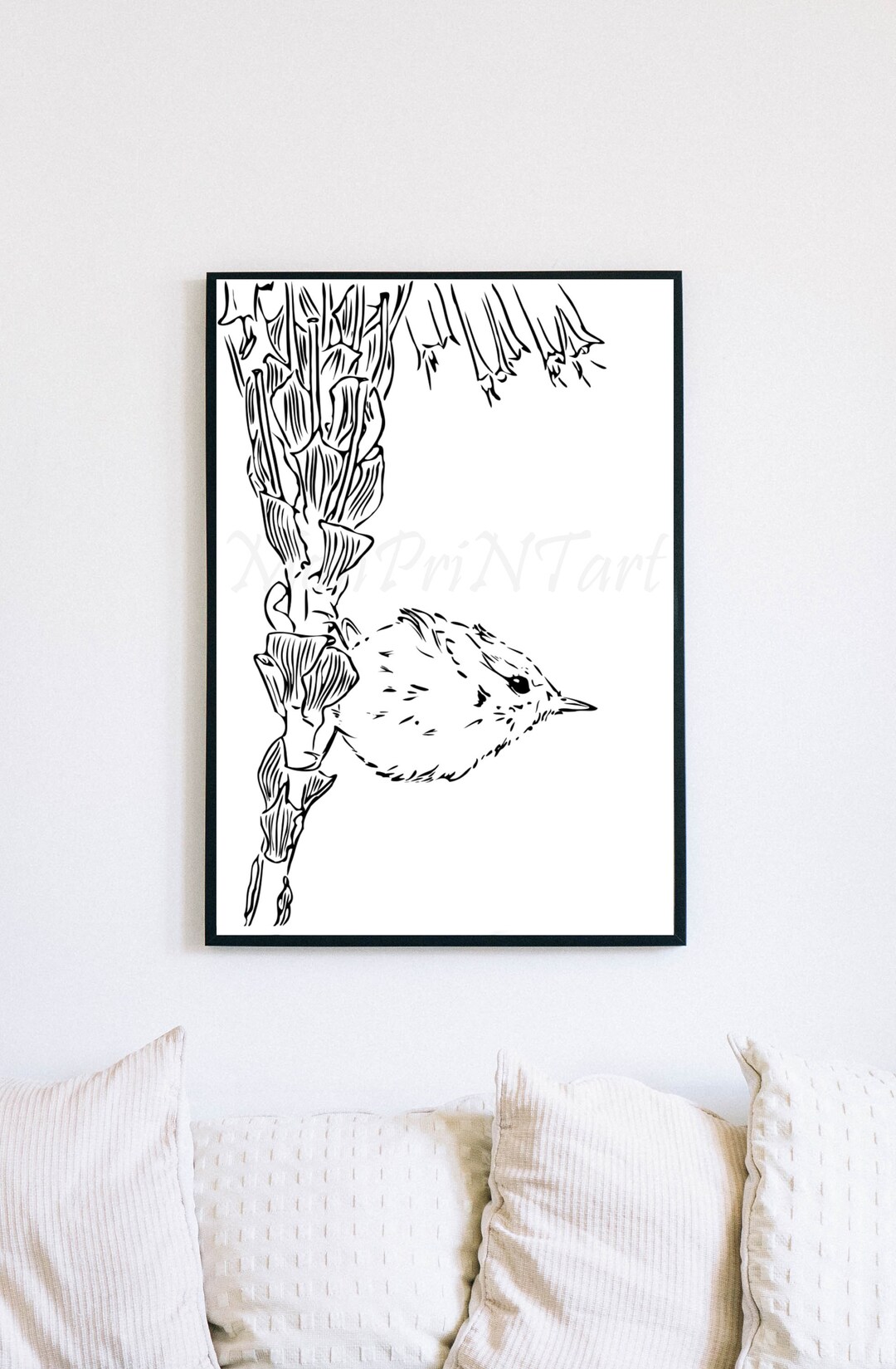 Chiffchaff Art Print/animal Line Art/black and White Wall Decor/hand ...