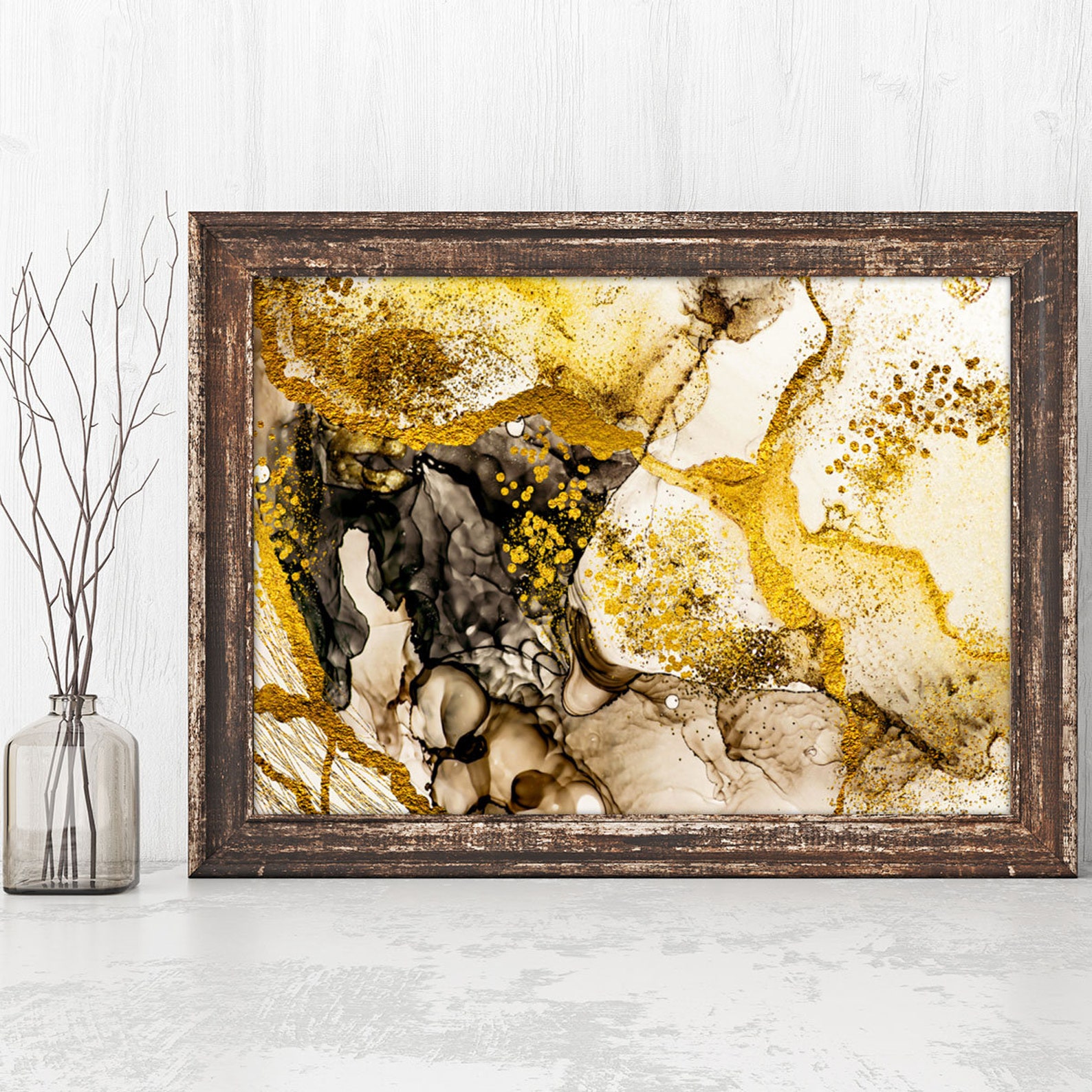 Golden Swirl, Gold Abstract, Golden Glitters, Abstract Painting, Black ...