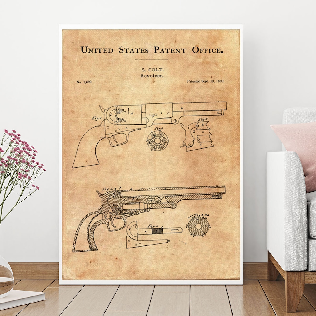 Patent Prints, Patent Art, 1850 Colt Revolver Patent, Firearm Art, Colt ...