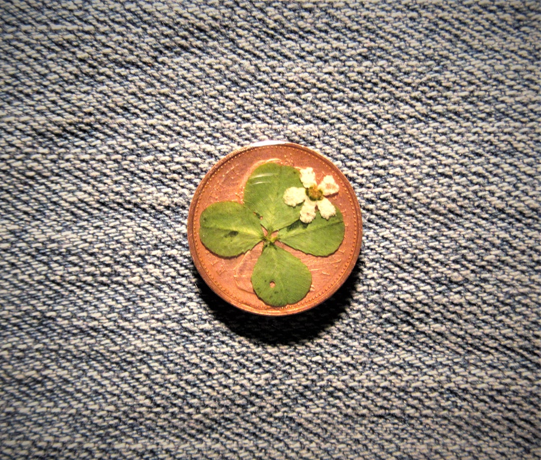 4 LEAF CLOVER, Dried Flower, Lucky Penny, Canadian One Cent , Decorated ...