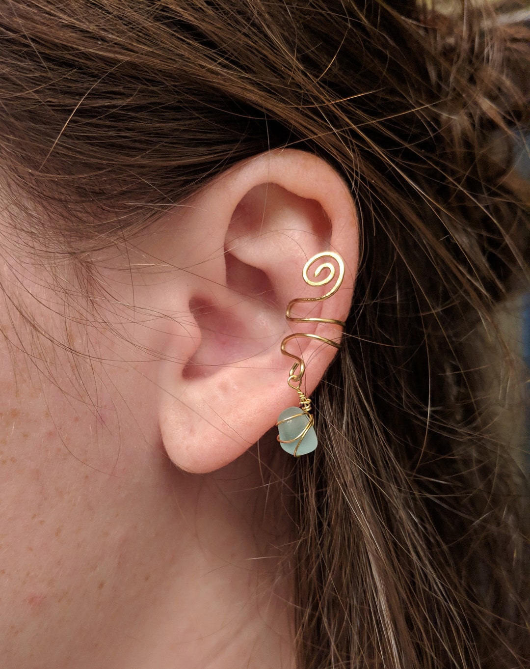 Brass Sea Glass Ear Cuff, Earcuff Cartilage, Mermaid Jewelry, Sea Glass ...