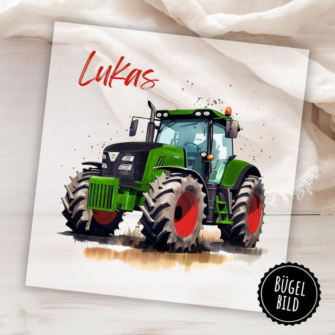 Bügelbild für Schultüte oder Geburtstag mit Traktor, grün roter Trecker ...