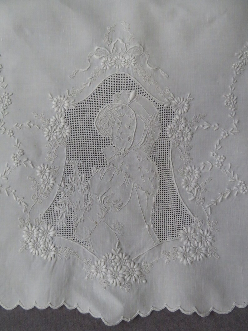Antique Swiss APPENZELL Embroidery Linentopper W Ladies in 18 Century ...