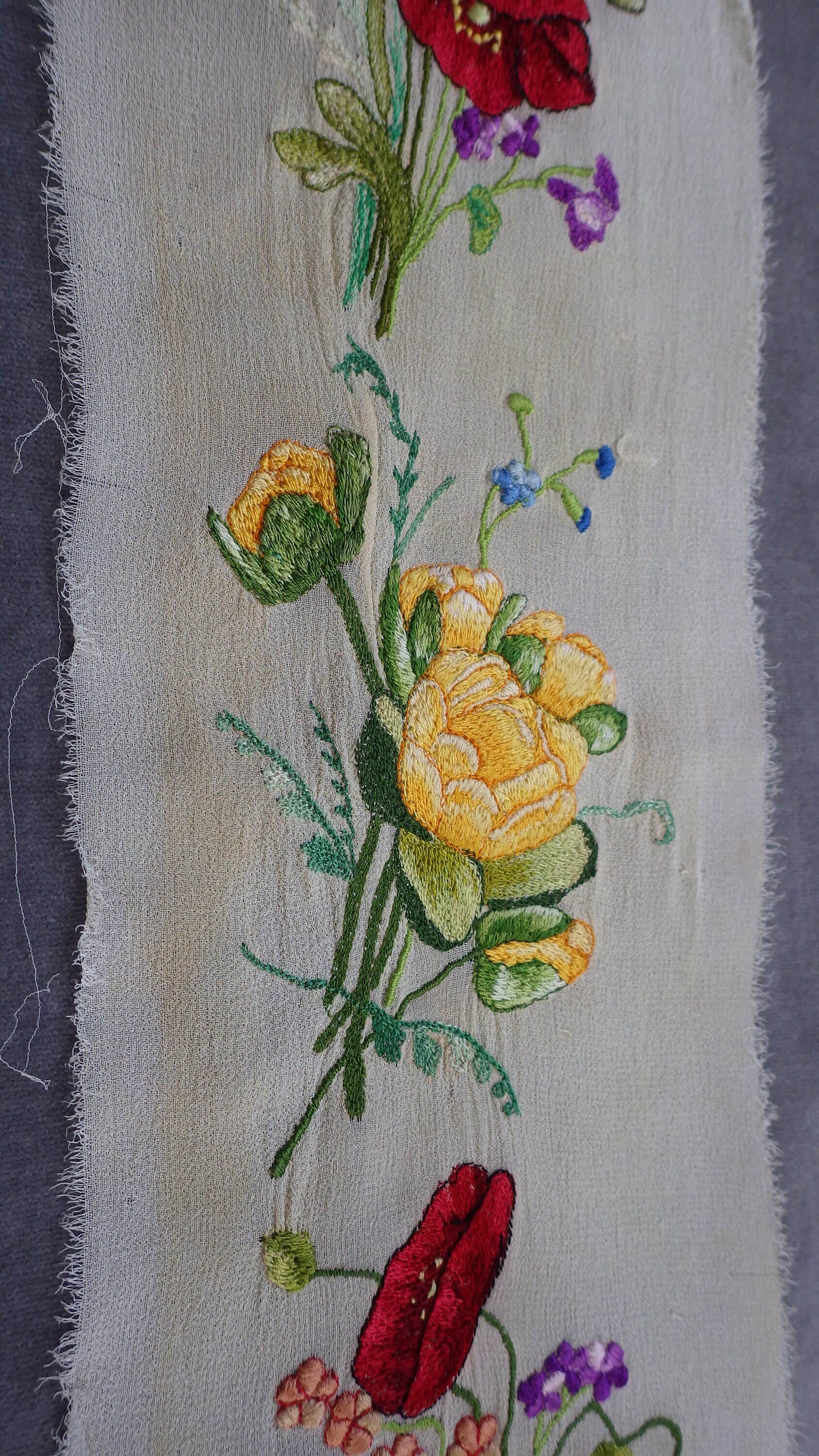 Over 2 YARDS Strip Machine Embroidery Colorful Flowers on Silk Crepe de ...