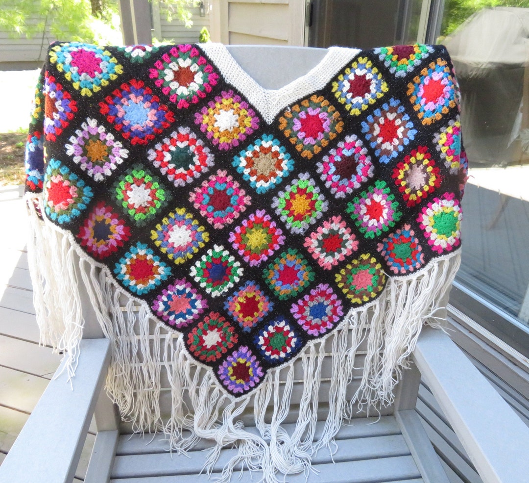 Colorful Thick Granny Square Poncho With White Fringe , Boho , Hippie ...
