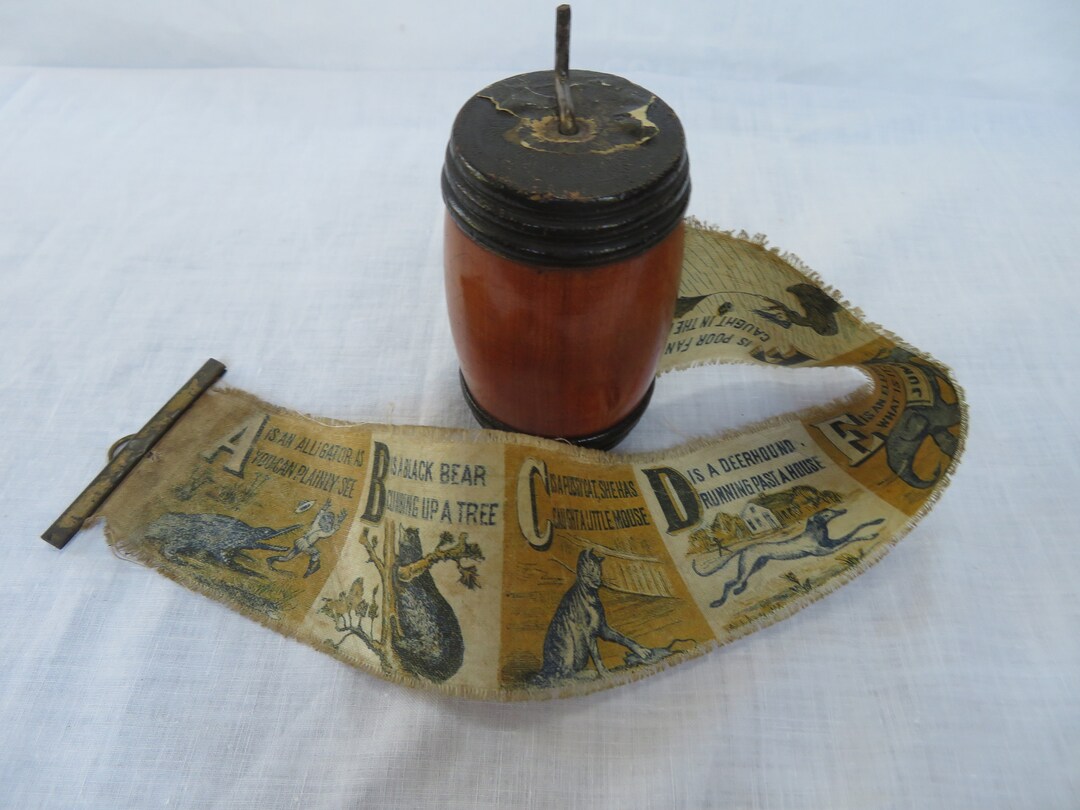 1886 Unusual Alphabet Children's Book on Linen Tape Rolled in Wooden ...
