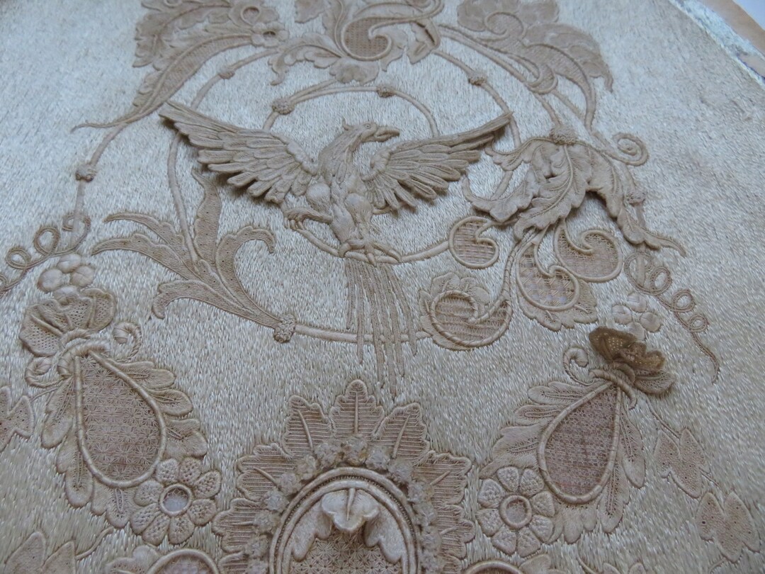 Dated 1901 SUPERB 3D FRENCH Silk Embroidery Eagle, Botanical & Needle ...