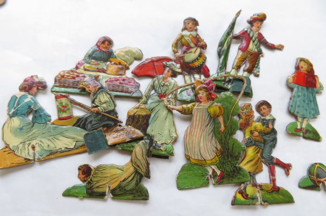 1890's Victorian 39 Paper Stand up Toys Mostly Children Playing Games W ...