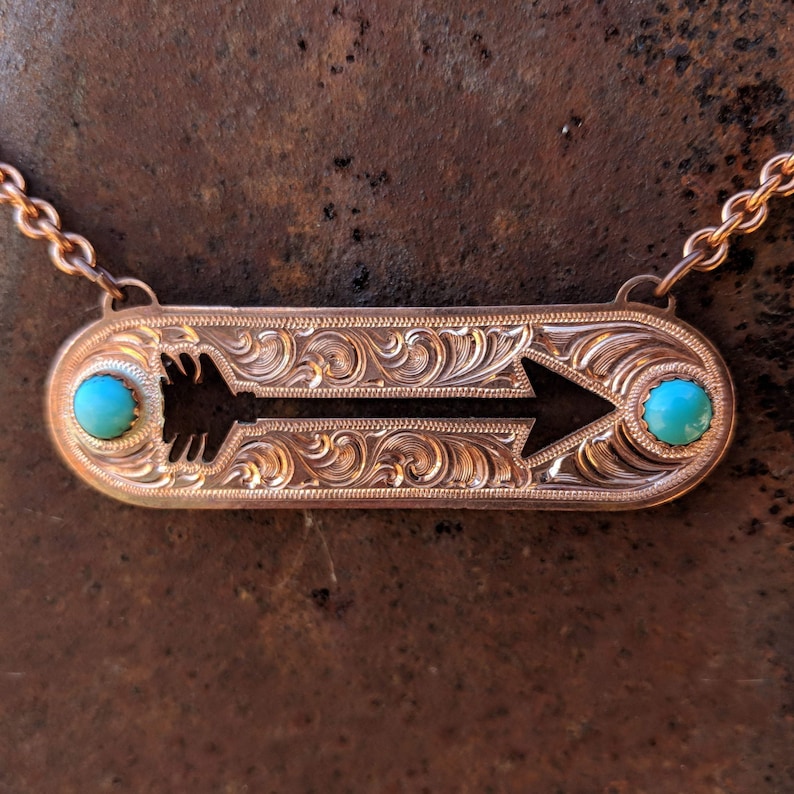 Copper Engraved Necklace, Arrow Cutout, Turquoise Western Pendant ...