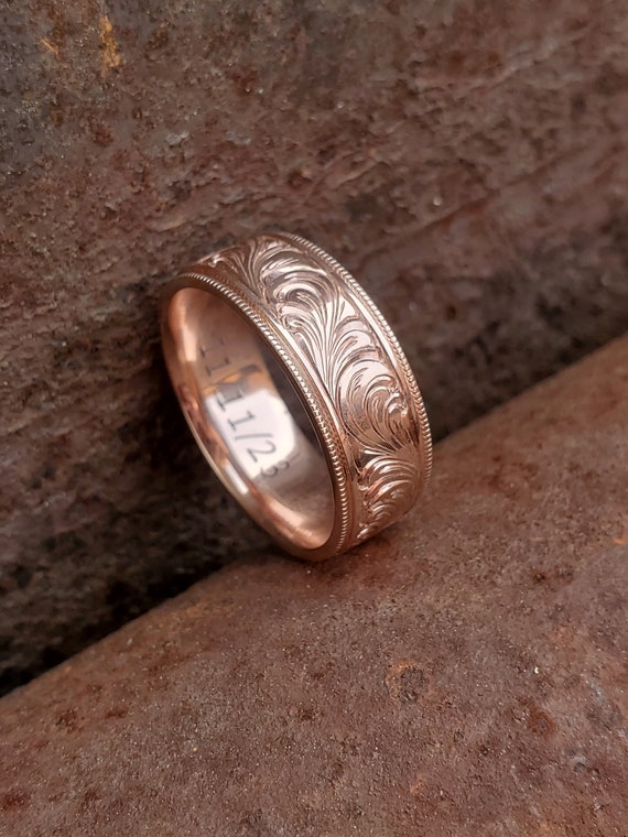 The Samuel 10K Rose Gold Western Wedding Band Hand Engraved Cowboy Wedding Ring Cowboy Ring Rose Gold Men s Wedding Band Detailed