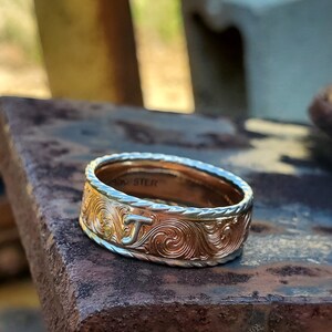 The Trevor: 10K Rose Gold and Sterling Silver Rope Western Men's Band ...