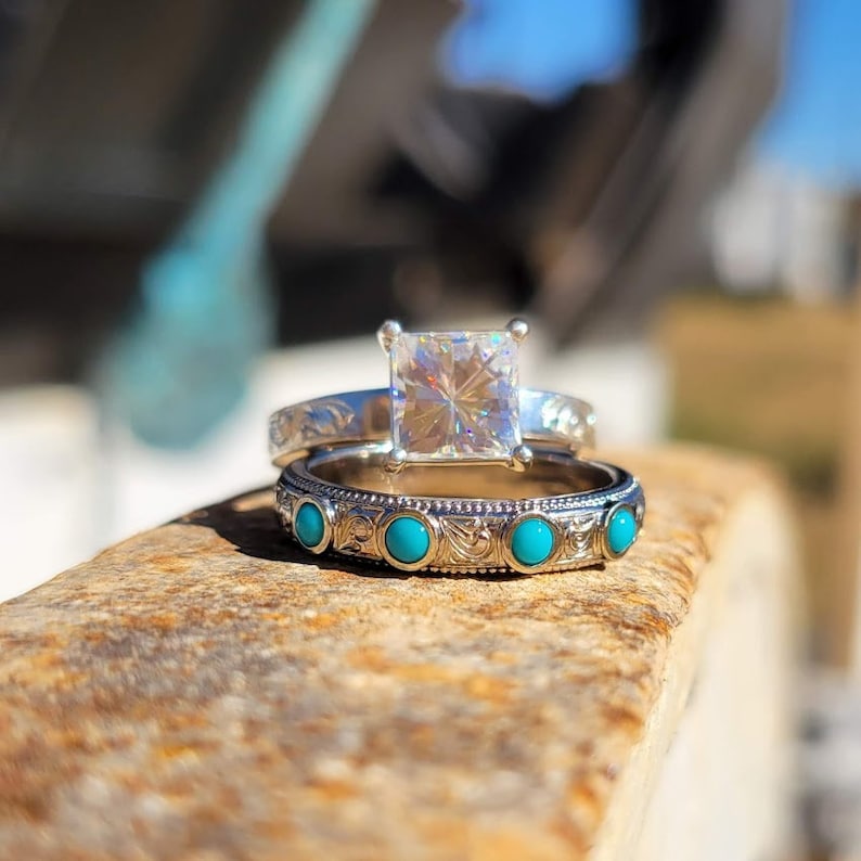 Genuine Turquoise and White Gold Wedding Band, Cowgirl Ring, Western ...