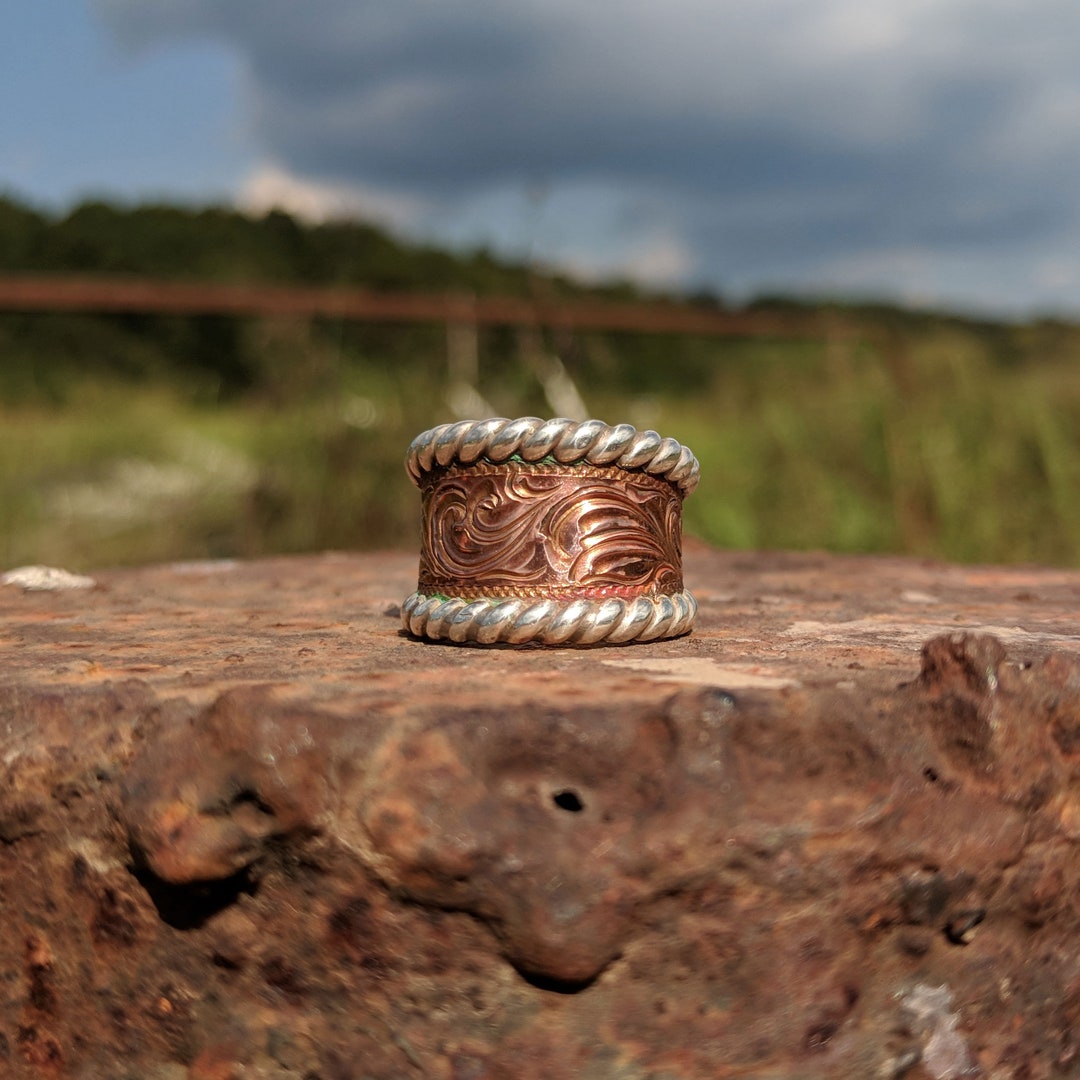 Copper Engraved Western Ring, Sterling Silver Rope Edge, Western Band ...