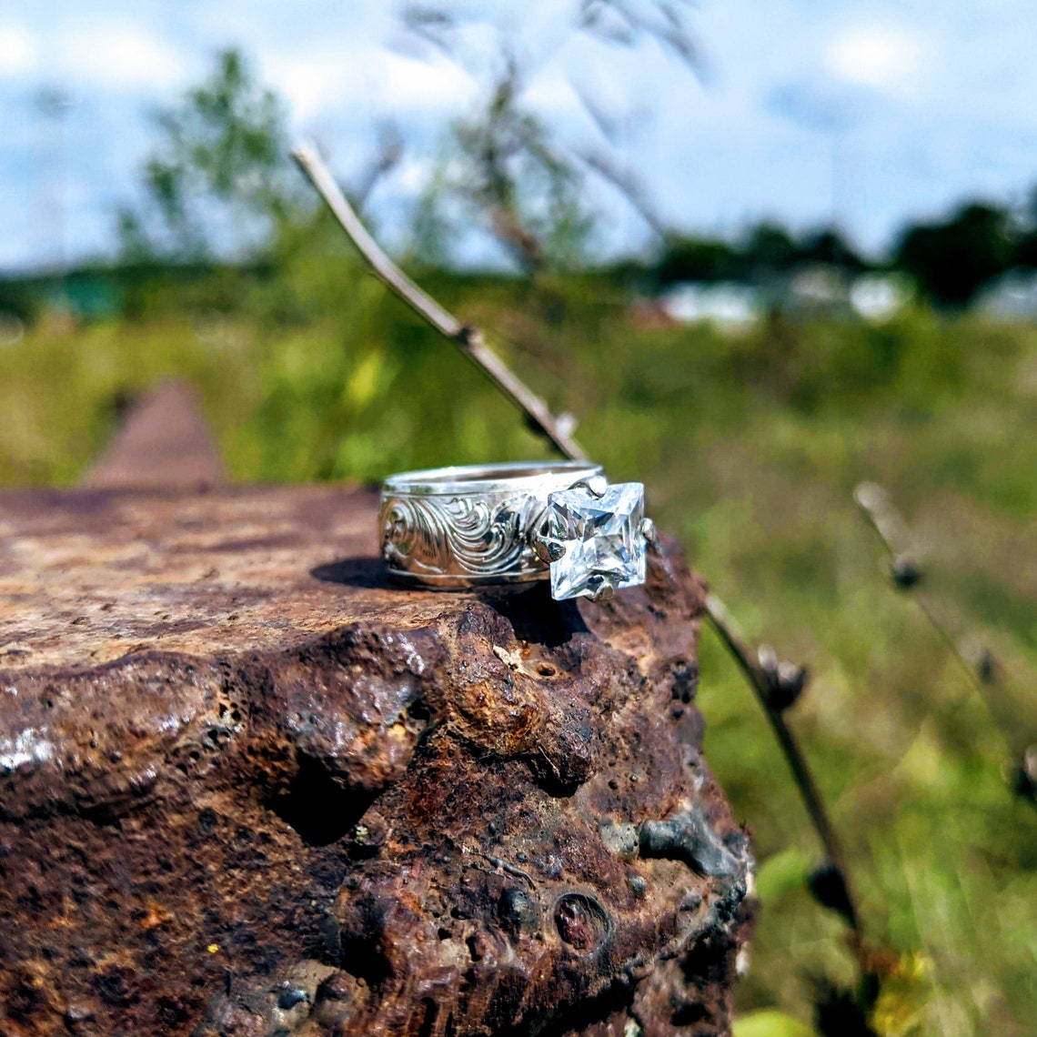 Hand Engraved Engagement Ring, Sterling Silver Western Wedding Ring ...