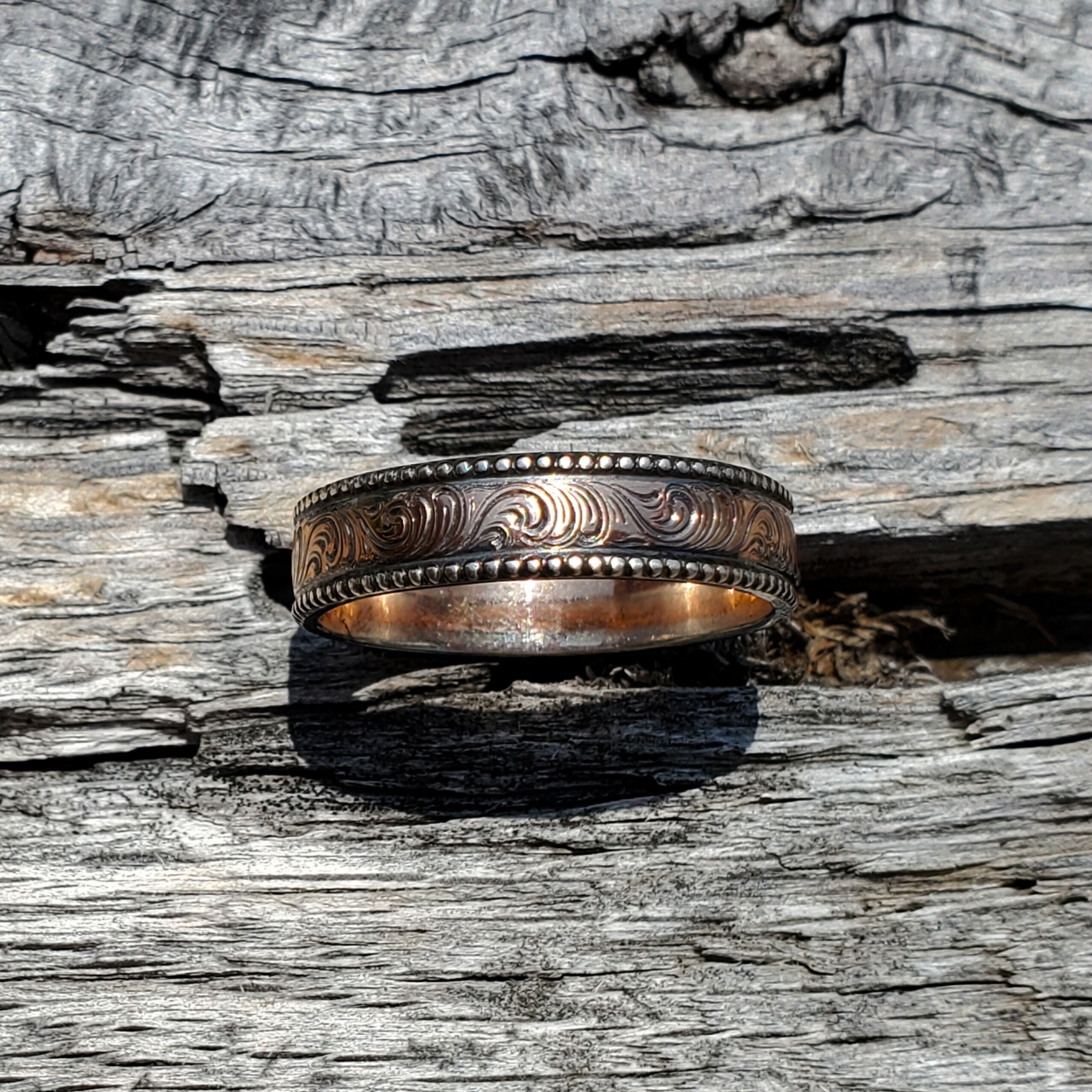 The Levi: Hand-engraved Rose Gold and Sterling Silver Men's Wedding ...