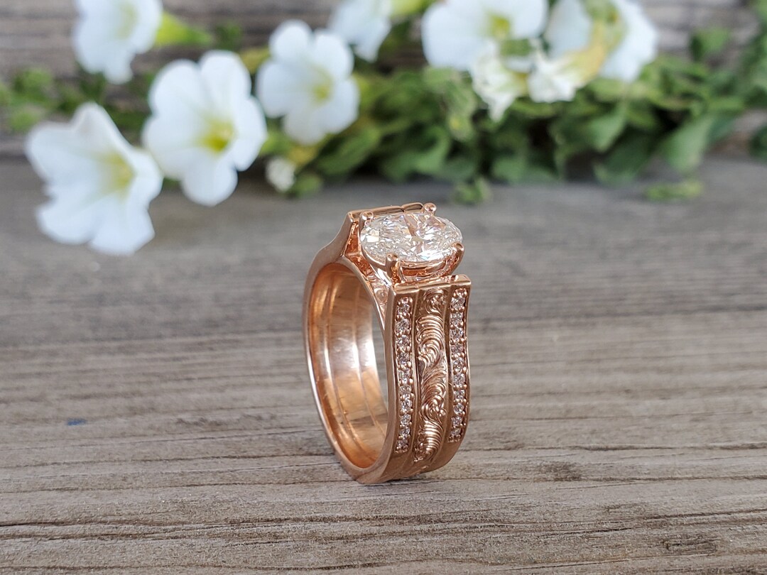 The Ella: Cathedral Style, Hand-engraved Rose Gold Ring With Oval ...