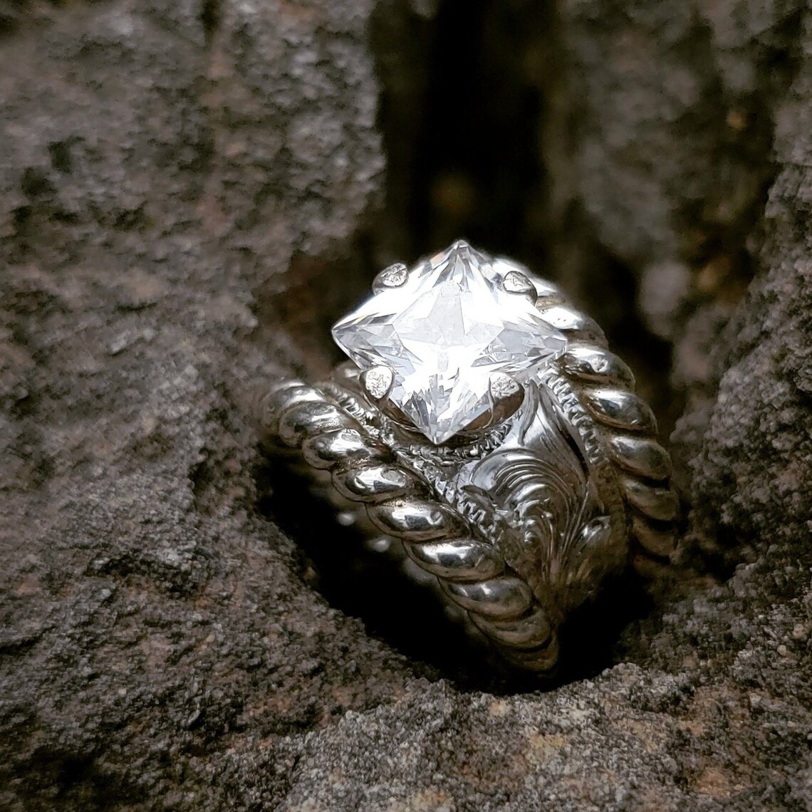 Sterling Silver Hand Engraved Western Square Stone Engagement Ring ...