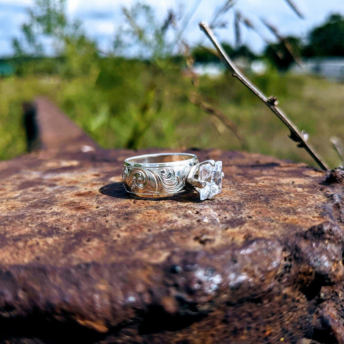 Hand Engraved Engagement Ring, Sterling Silver Western Wedding Ring ...