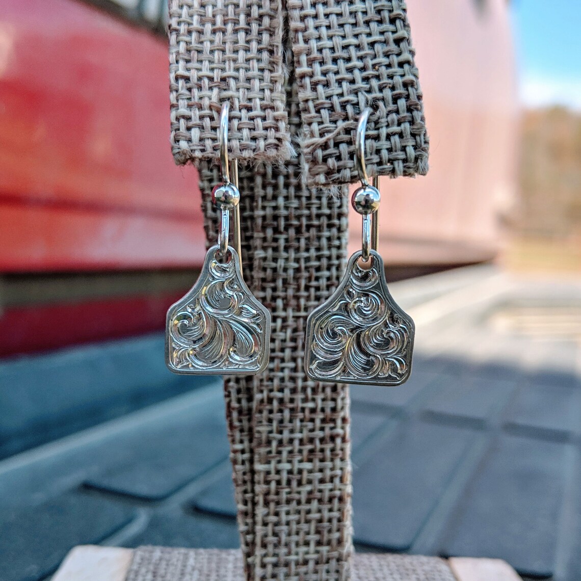 Sterling Silver Engraved Cow Tag Earrings, Western Earring Design ...