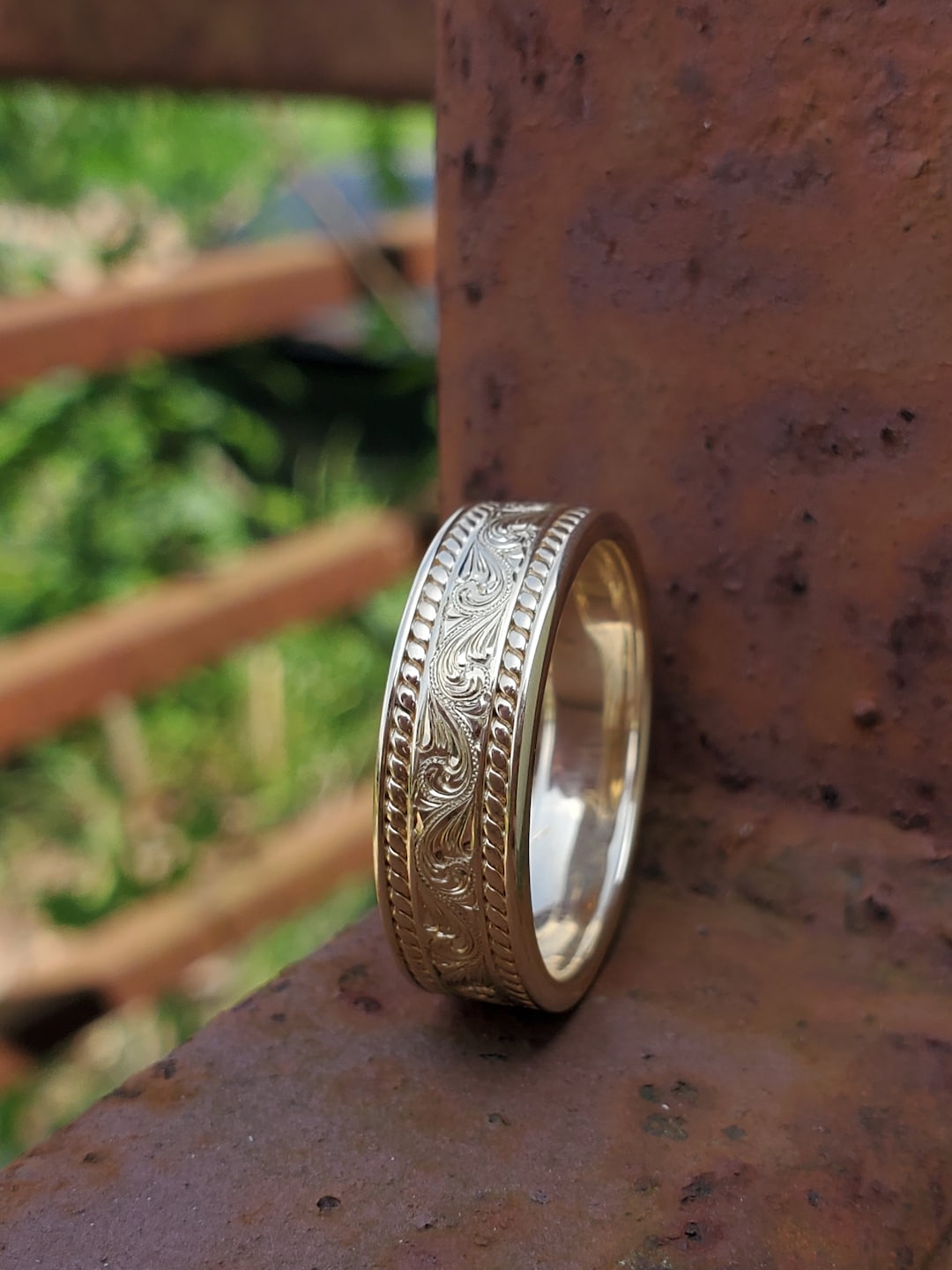 The Hale: 10K Yellow Gold Inlaid Rope Band, Hand-engraved Western Men's ...