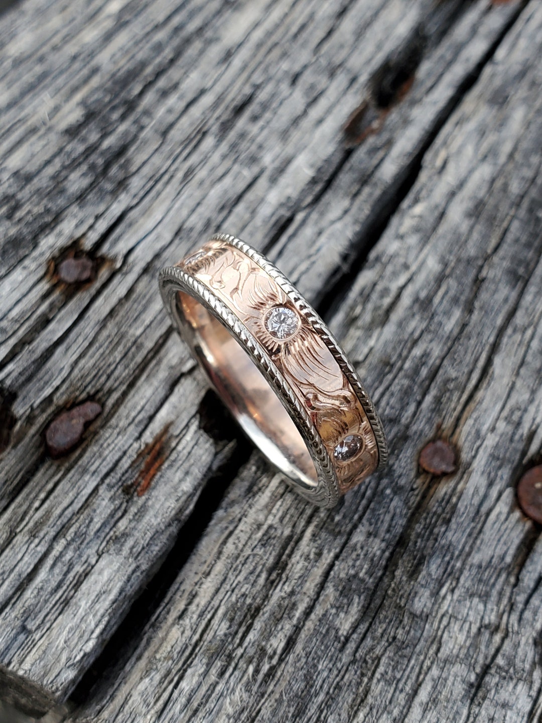 The Magnolia: 10K Rose Gold and Diamond Wedding Ring, Hand-engraved ...