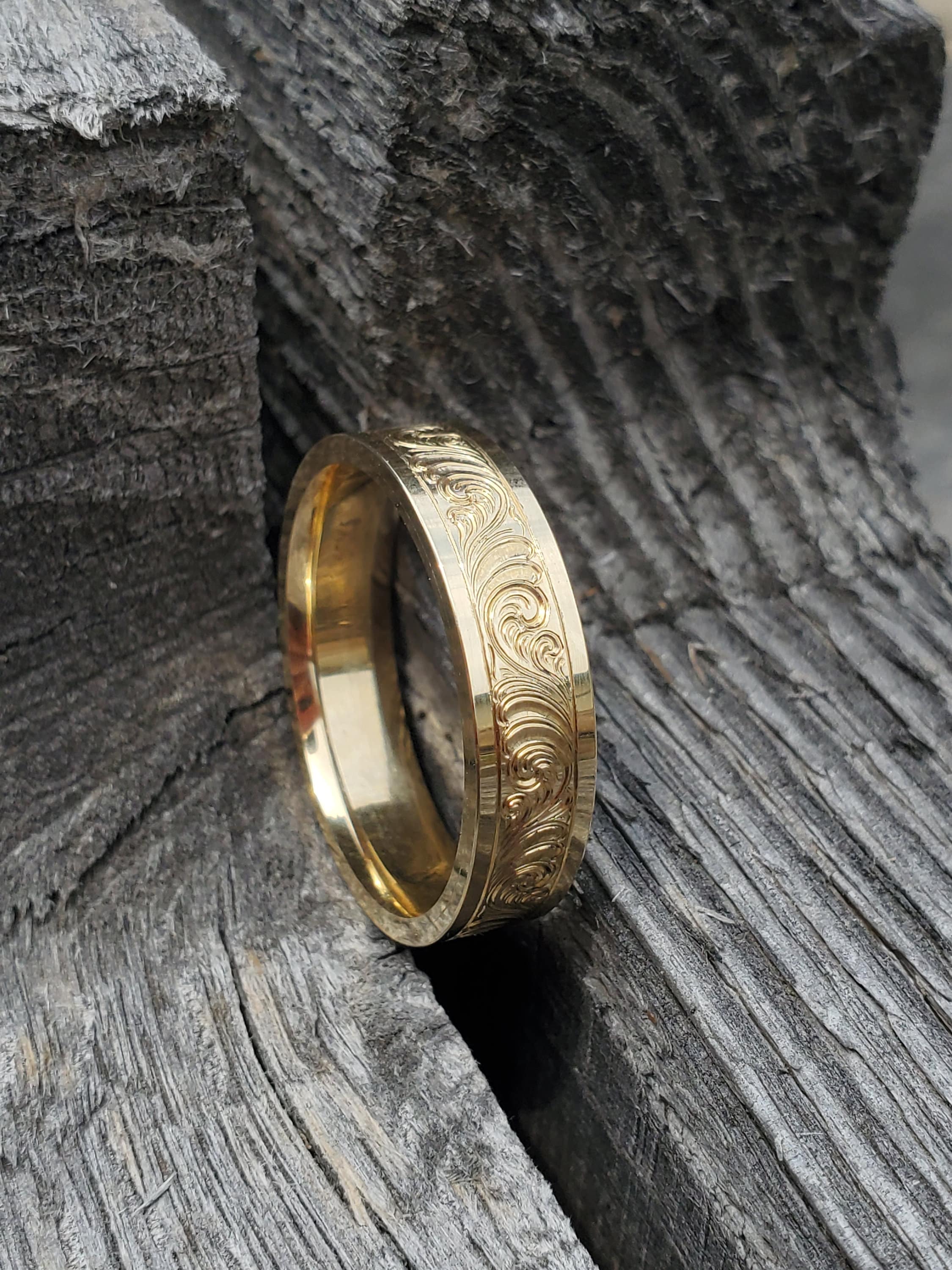 The Henry in 18K Yellow Gold Men s Western Wedding Band Yellow Gold Wedding Ring Hand engraved Ring Cowboy Wedding Ring Etsy