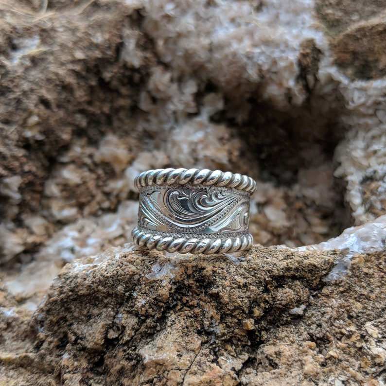 Sterling Silver Engraved Western Ring, Tapered Style, for Her, Sterling ...