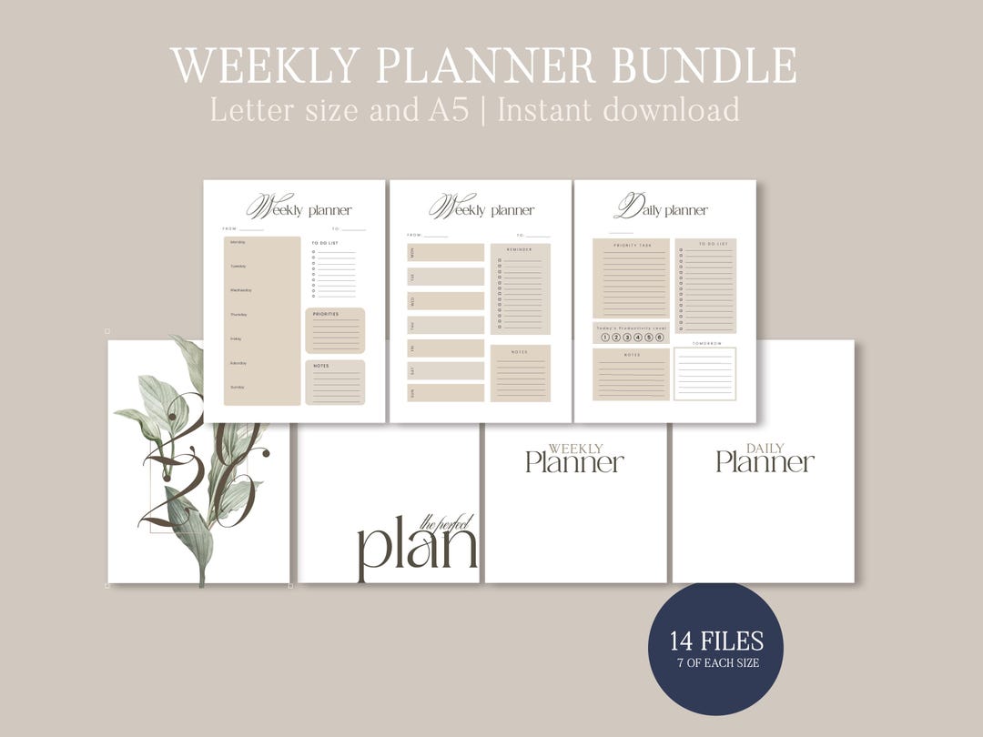 Minimalist Weekly & Daily Planner Bundle, Printable Productivity Pages ...