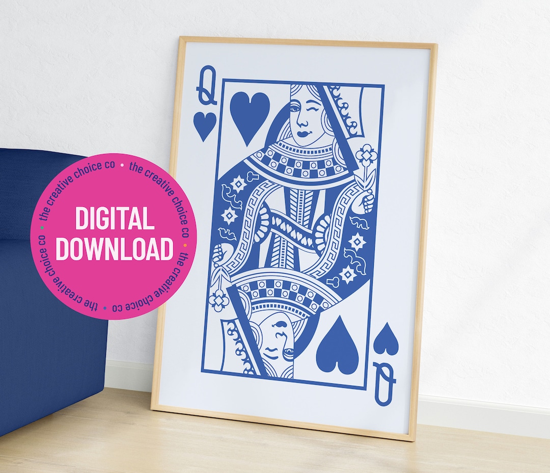 Queen of Hearts Blue Playing Card Print DIGITAL DOWNLOAD - Etsy