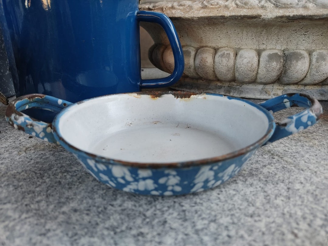 Small Vintage Enamel Vessel Enamel Pan Blue White Speckled Marbled ...