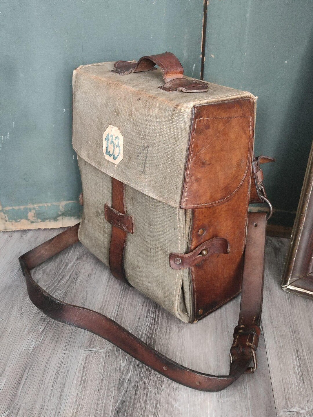 Antique Army Bag Leather Medicine Knapsack Military Real Leather Canvas ...