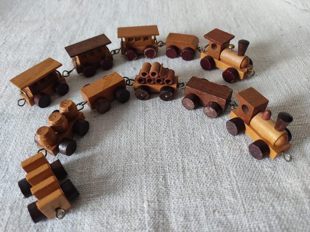 Vintage Miniature Wooden Train Locomotive With Carriages, Passenger ...