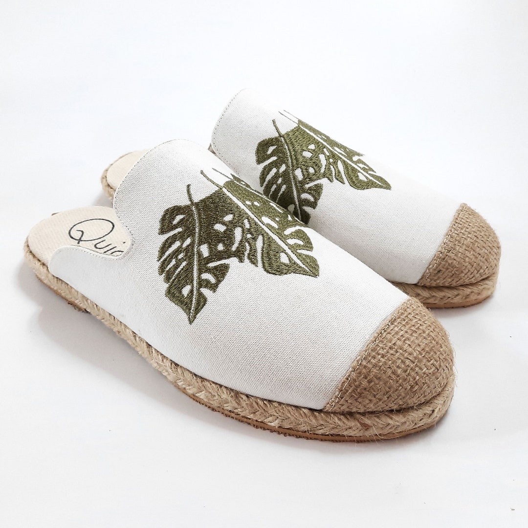 Espadrille Flat Mule Embroidered Clog for Women, Cowhide, Raffia and ...