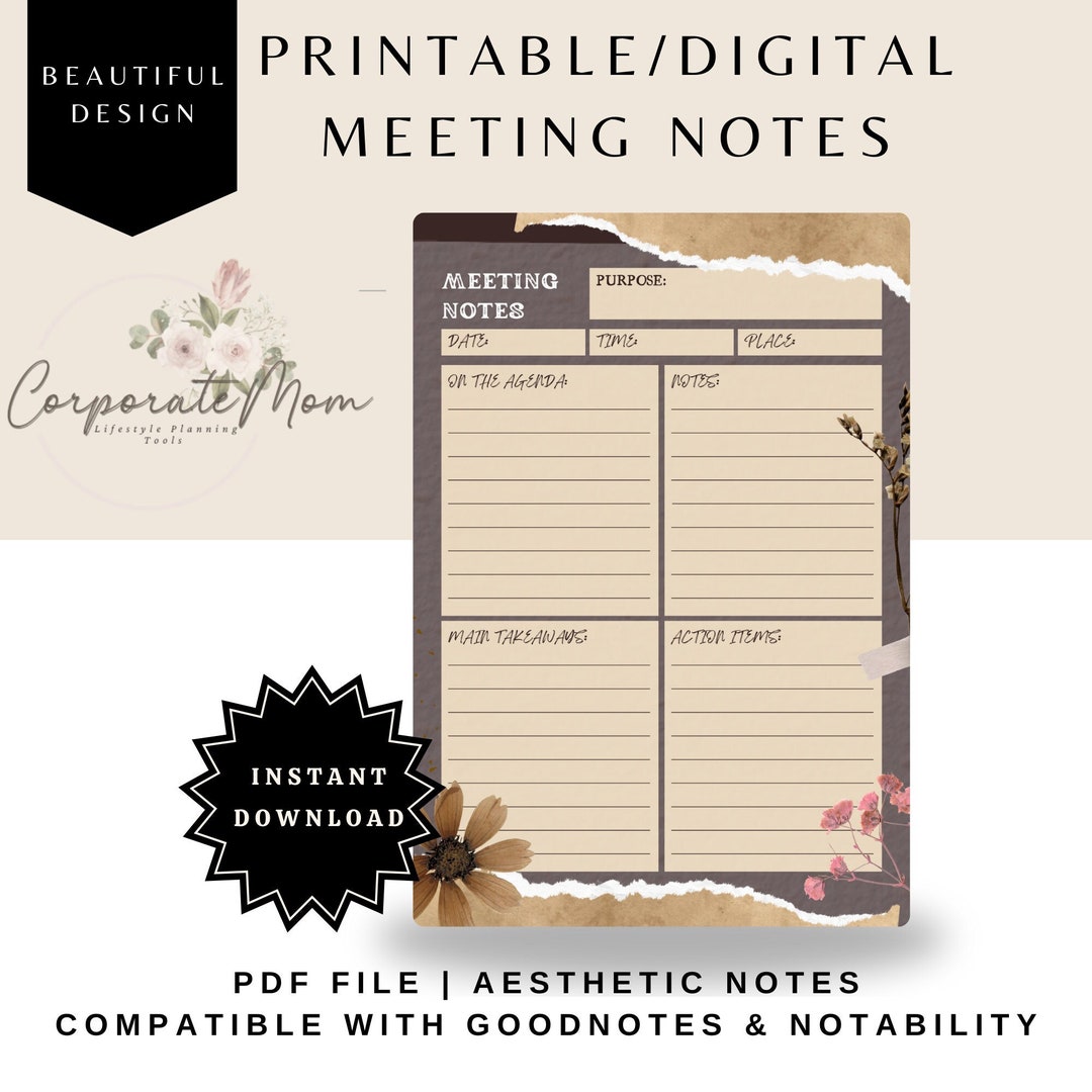 Digital Meeting Notes Template | PDF | Printable | Goodnotes and ...