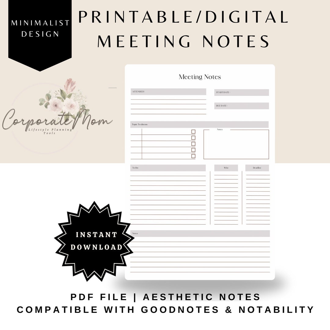 Digital Meeting Notes Template | PDF | Printable | Goodnotes and ...