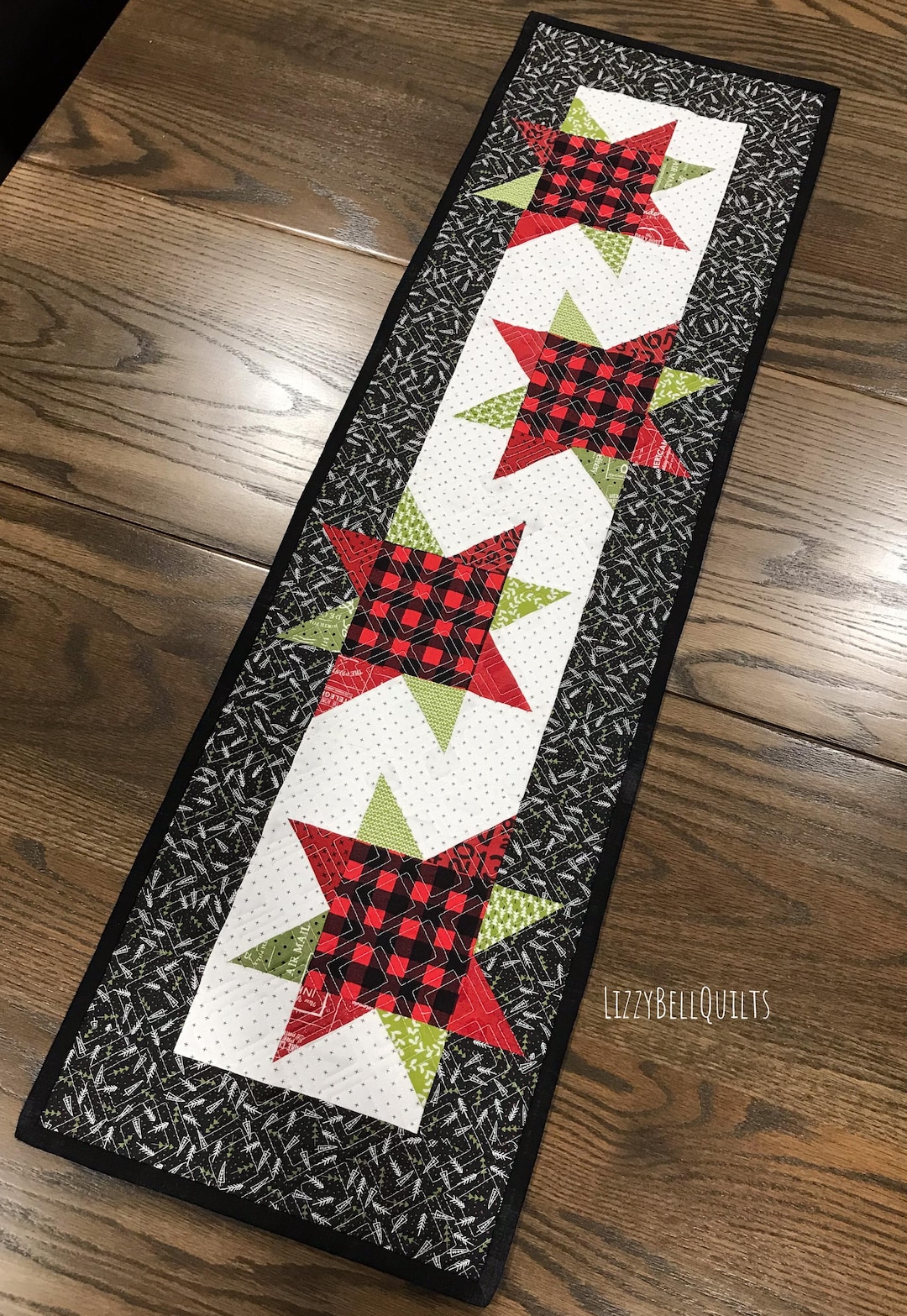 New! Star Christmas Quilted Table Runner, Red, Green, and Black Fabric ...